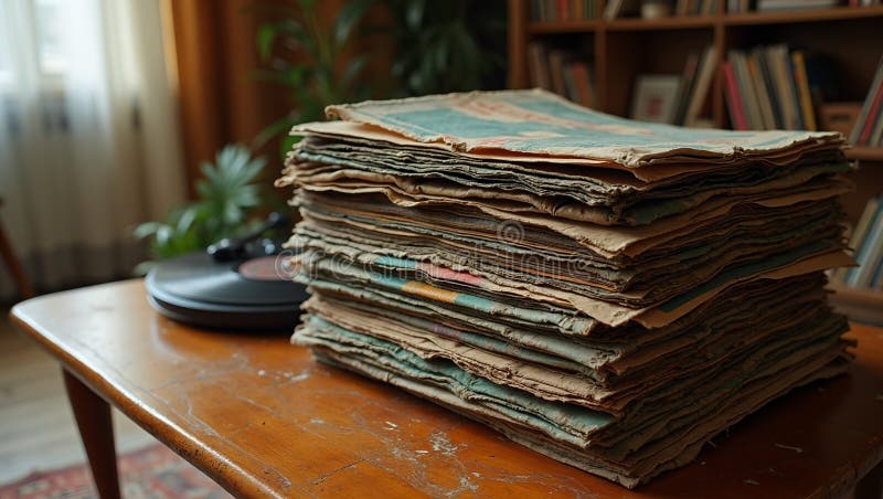 Vintage Vinyl Records Displayed on Retro Player Scuffed Table Stock ...