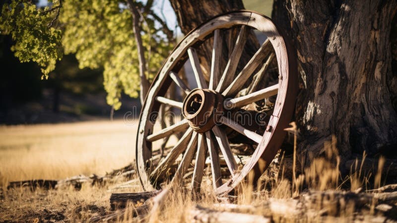 Vintage Wagon Wheel Leans Against Tree Outdoors Stock Illustration ...