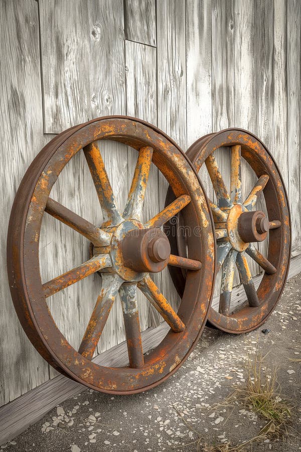 Vintage Wagon Wheels Leaning Against Rustic Wooden Wall Stock Photo ...
