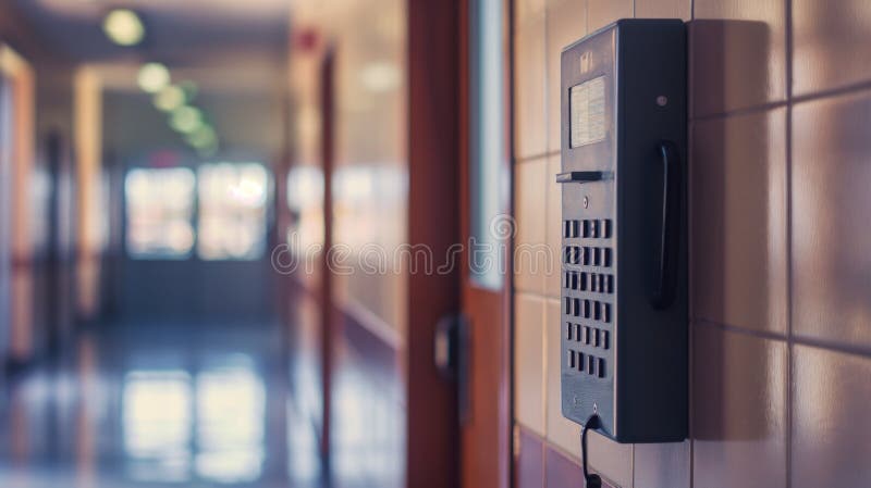 Vintage Wall-mounted Telephone in an Empty School Hallway with Tiled ...