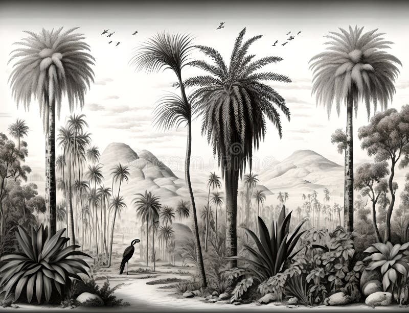 Vintage Wallpaper an Oasis of Palm Trees Mountains Stock Illustration ...