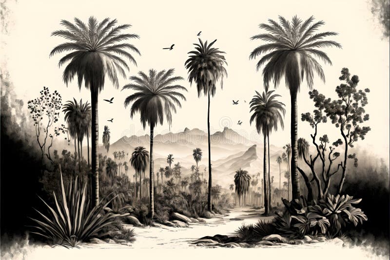 Vintage Wallpaper an Oasis of Palm Trees Mountains Stock Illustration ...