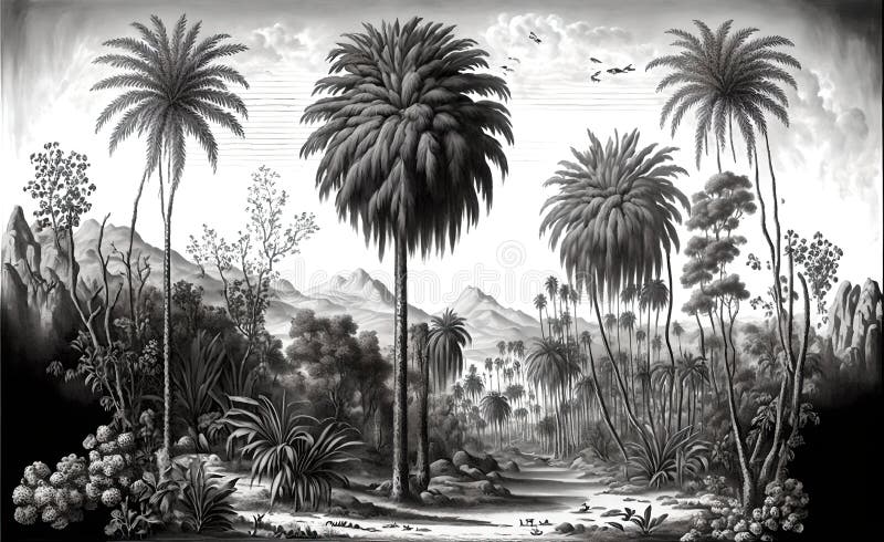 Vintage Wallpaper an Oasis of Palm Trees Mountains Stock Illustration ...