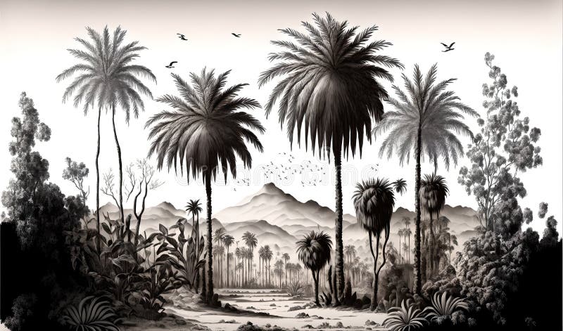 Vintage Wallpaper an Oasis of Palm Trees Mountains Stock Illustration ...