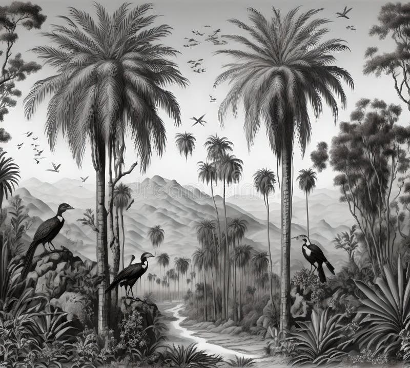 Vintage Wallpaper an Oasis of Palm Trees Mountains Stock Illustration ...