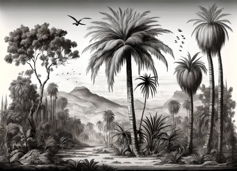 Vintage Wallpaper an Oasis of Palm Trees Mountains Stock Illustration ...