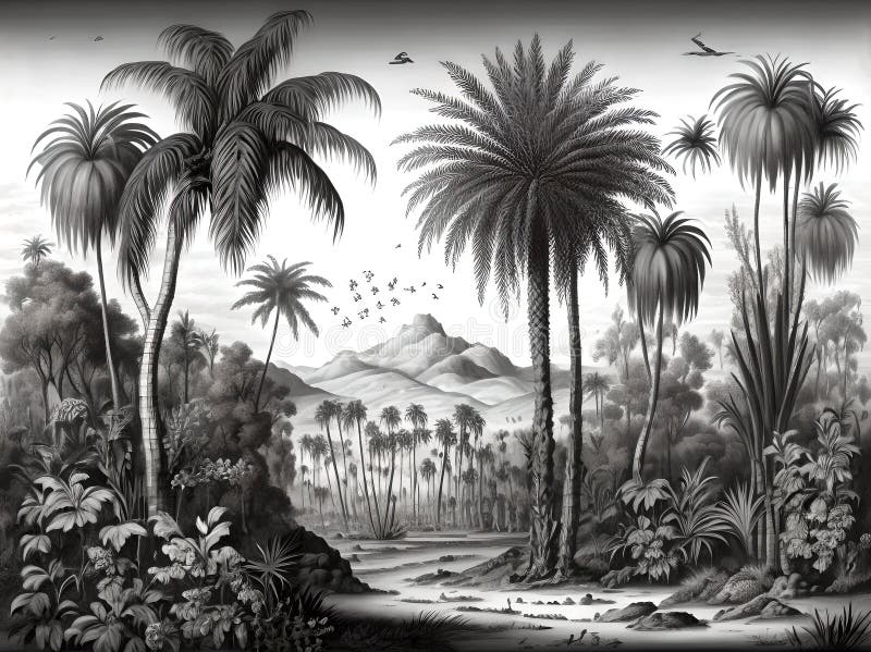 Vintage Wallpaper an Oasis of Palm Trees Mountains Stock Illustration ...