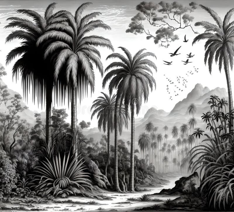 Vintage Wallpaper an Oasis of Palm Trees Mountains Stock Illustration ...