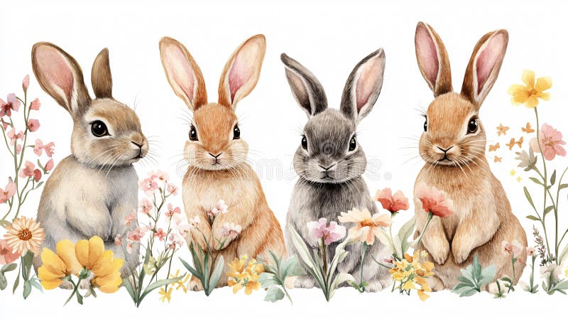 Vintage Watercolor Rabbit Hand-Drawn Bunnies Illustration Stock ...