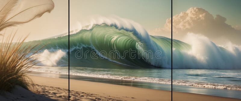 Vintage Wave Illustration Collage Triptych with Ocean Scenery Stock ...
