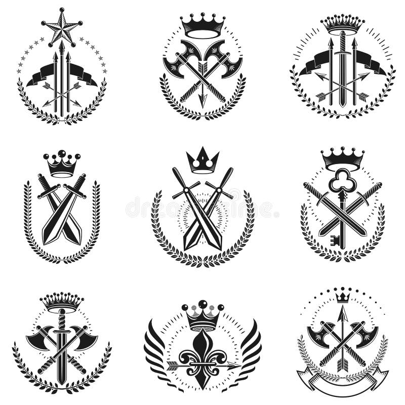 Vintage Weapon Emblems Set. Heraldic Coat of Arms Decorative Emblems ...