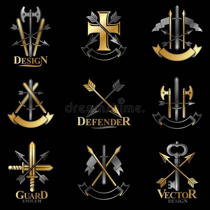 Vintage Weapon Emblems Set. Heraldic Coat of Arms Decorative Emblems ...