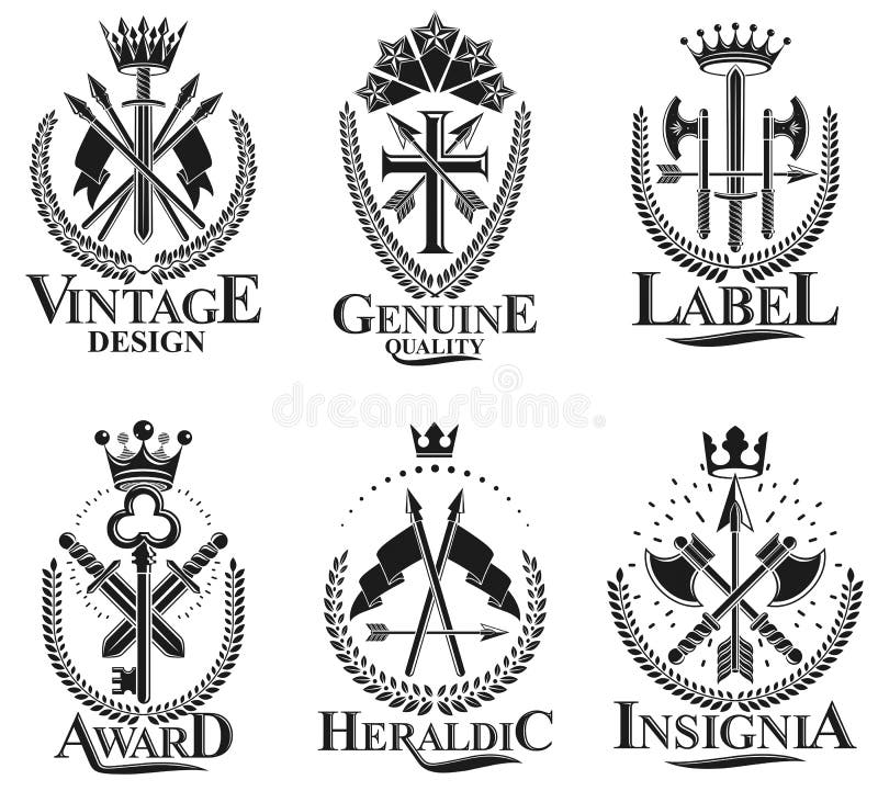 Vintage Weapon Vector Logos or Emblems, Heraldic Design Elements Big ...