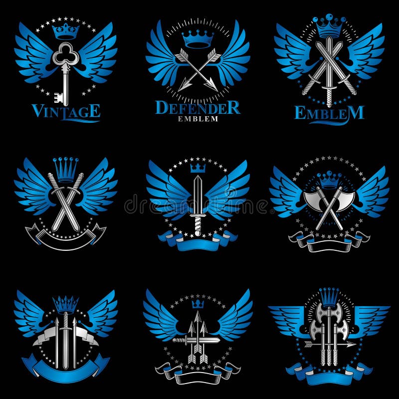 Vintage Weapon Vector Logos or Emblems, Heraldic Design Elements Big ...