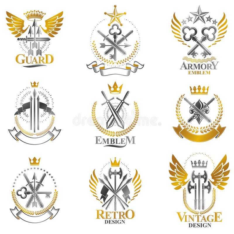 Vintage Weapon Emblems Set. Vintage Vector Design Elements Collection ...