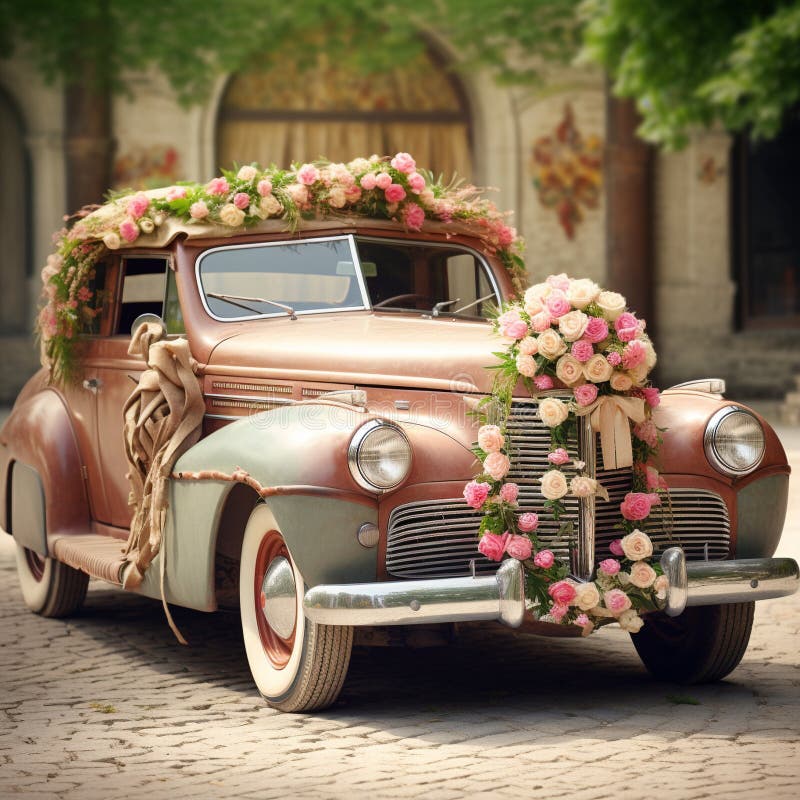 Vintage Wedding Car with Rustic Decorative Elements Stock Photo - Image ...
