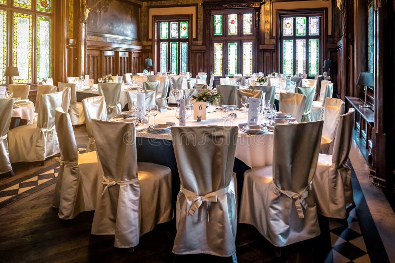 Vintage Wedding Reception Area Ready for Dinner and the Party Stock ...