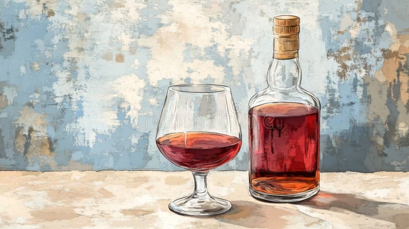 A Vintage Whiskey Bottle and Glass Displayed on a Rustic Background ...