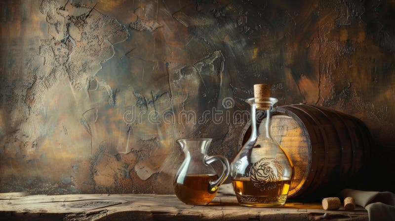 Vintage Whiskey Bottles with Barrel on Rustic Background Stock Image ...