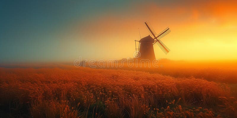 Vintage Windmill Spinning in Wheat Field As Sun Sets in the Background ...