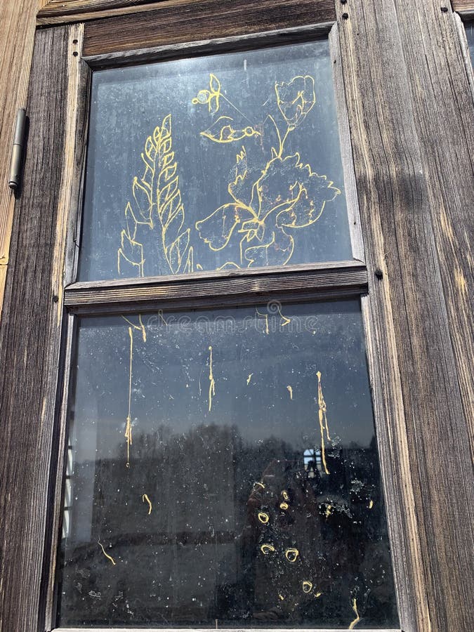 Dirty Window in Wood Frame with Gold Pattern Stock Image - Image of ...