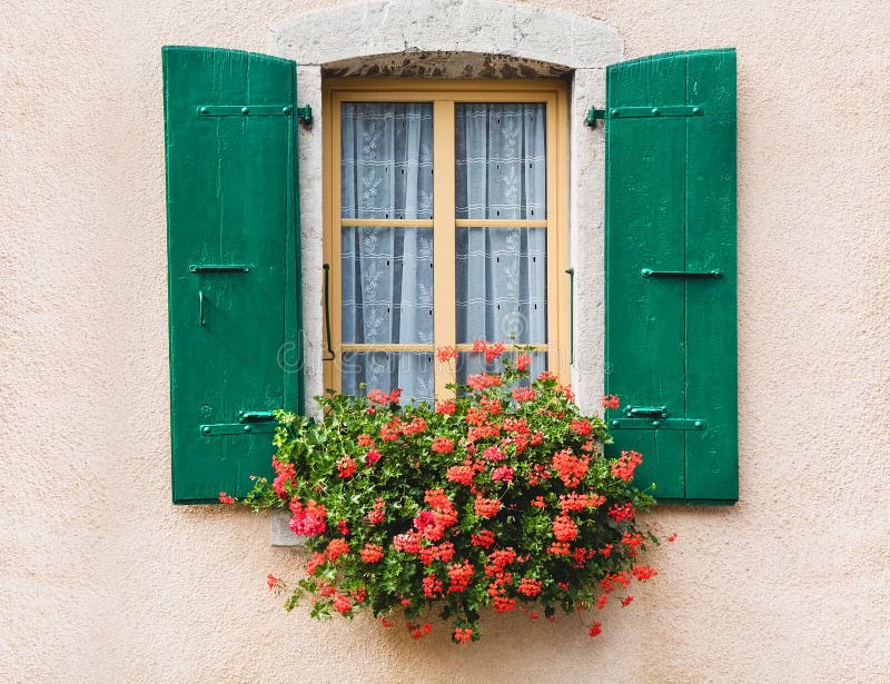Vintage Window with Flowers and Shutters in Switzerland Stock Image ...