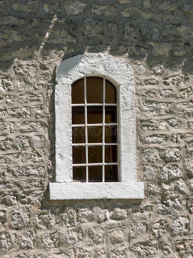 Vintage Window with Massive White Stone Blocks Frame Front View Stock ...