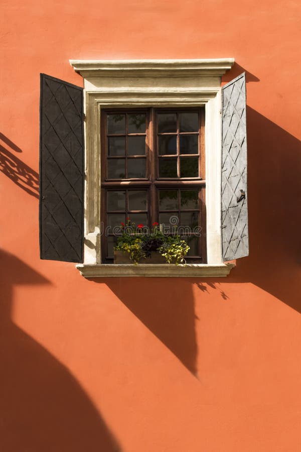 Vintage Window on Orange Wall Stock Photo - Image of sunlight, flower ...