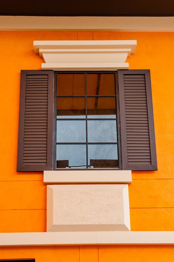 Vintage Window with Orange Wall Stock Image - Image of concrete, open ...