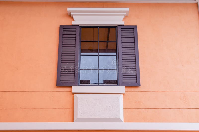 Vintage Window with Orange Wall Stock Photo - Image of architectural ...