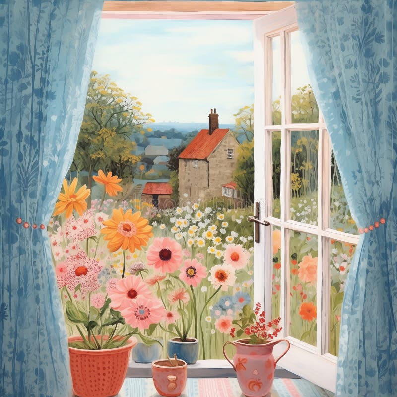 Vintage Window Painting Sky with Small Flowers Stock Illustration ...