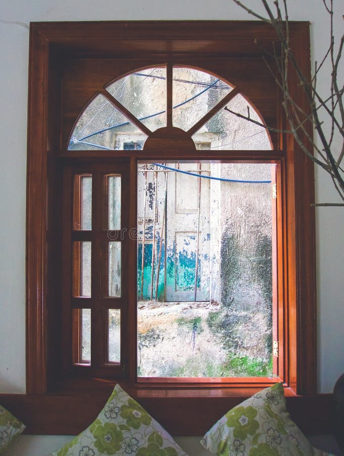 Vintage Window Shades through an Open Window Stock Image - Image of ...