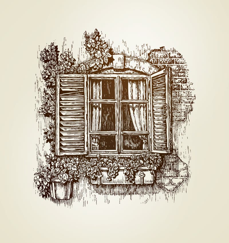 Drawn Sketch Vintage Window with Shutters Stock Illustration ...
