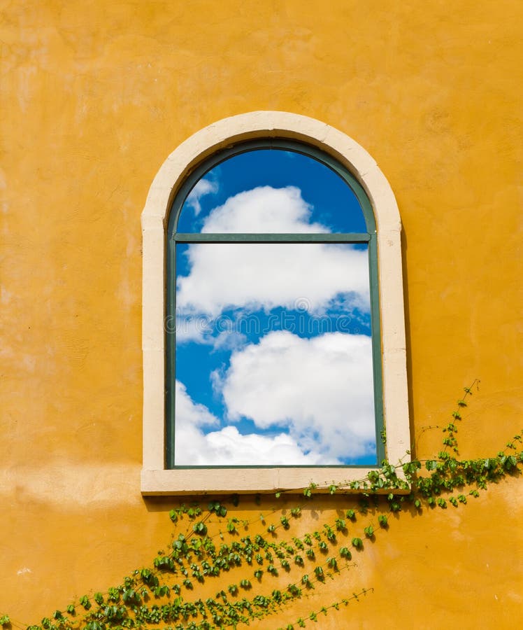 Vintage Window on Yellow Wall Stock Photo - Image of green, space: 28620746