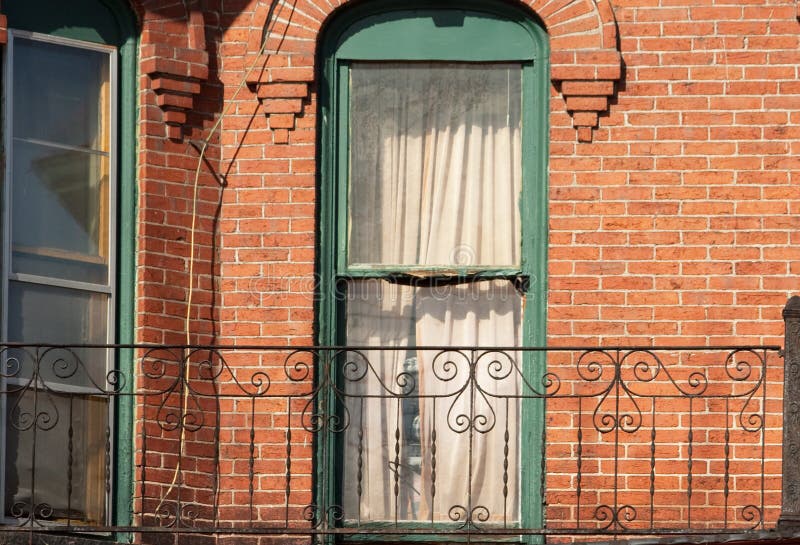 Vintage Windows on Old Brick Building Stock Image - Image of railing ...