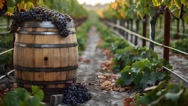 Vintage Wine Barrel in a Vineyard Surrounded by Grape Vines. Concept ...