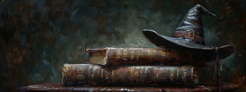 Vintage Wizard Hat Resting on Stacked Ancient Books with Dark Textured ...