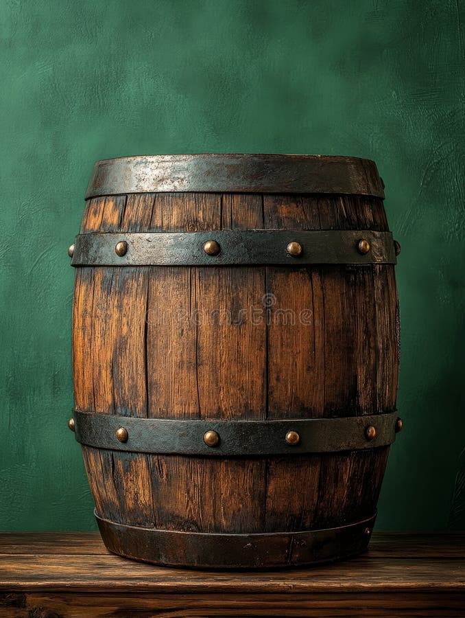 Vintage Wooden Barrel Against a Rustic Green Background. Stock Photo ...
