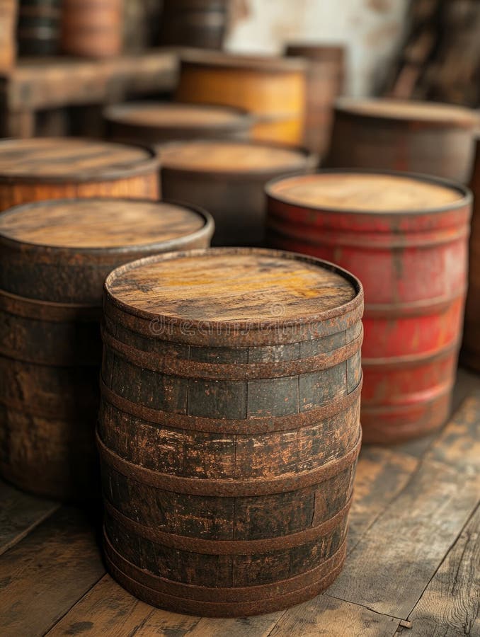 Vintage Wooden Barrels in a Rustic Storage Setting. Stock Photo - Image ...
