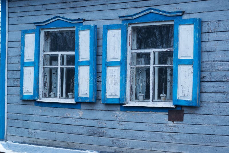 Vintage Wooden Blue Windows on the Wooden Wall of an Old House Stock ...