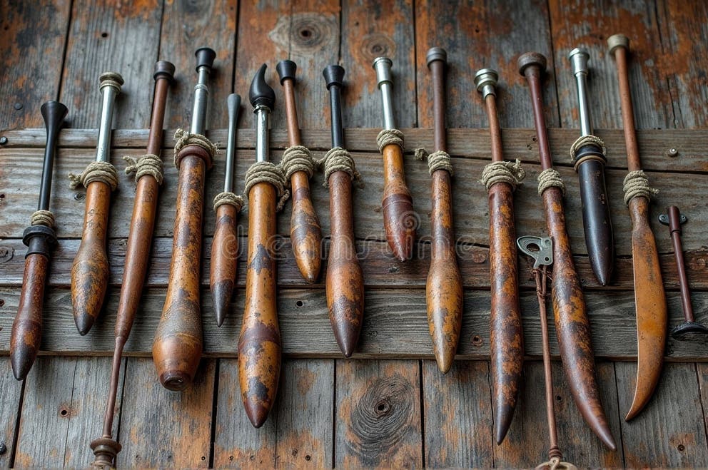 Vintage Wooden Boat Tools on Rustic Wooden Wall Stock Photo - Image of ...