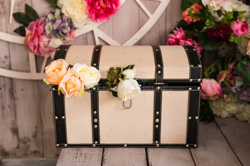 Vintage Wooden Box Decorated with Flowers. Rustic Decor Elements Stock ...