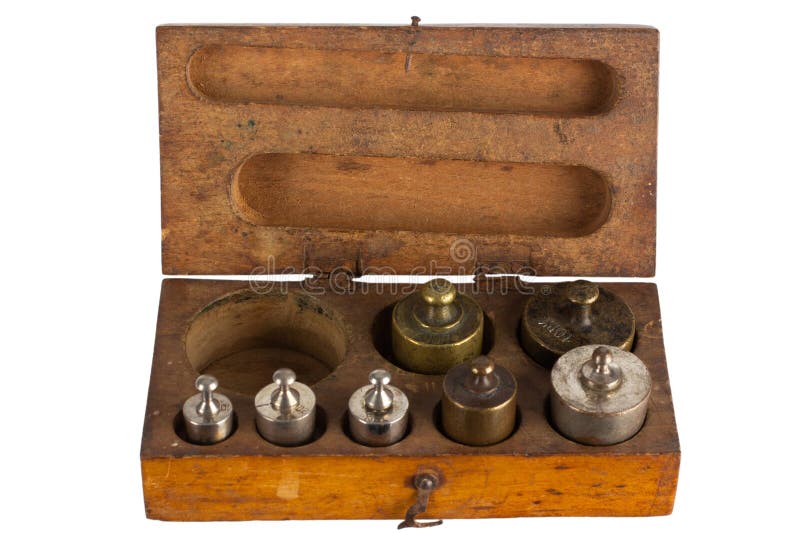 Vintage Wooden Box with Scale Weights Set on White Stock Photo - Image ...