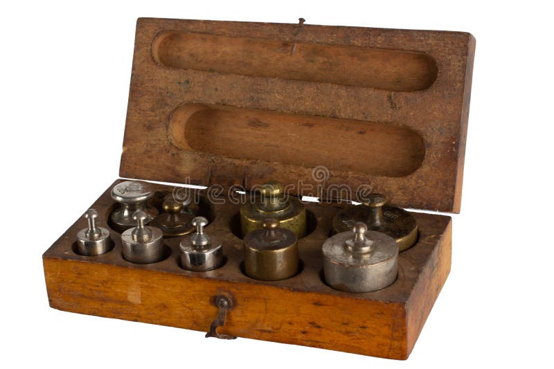 Vintage Wooden Box with Scale Weights Set on White Stock Image - Image ...