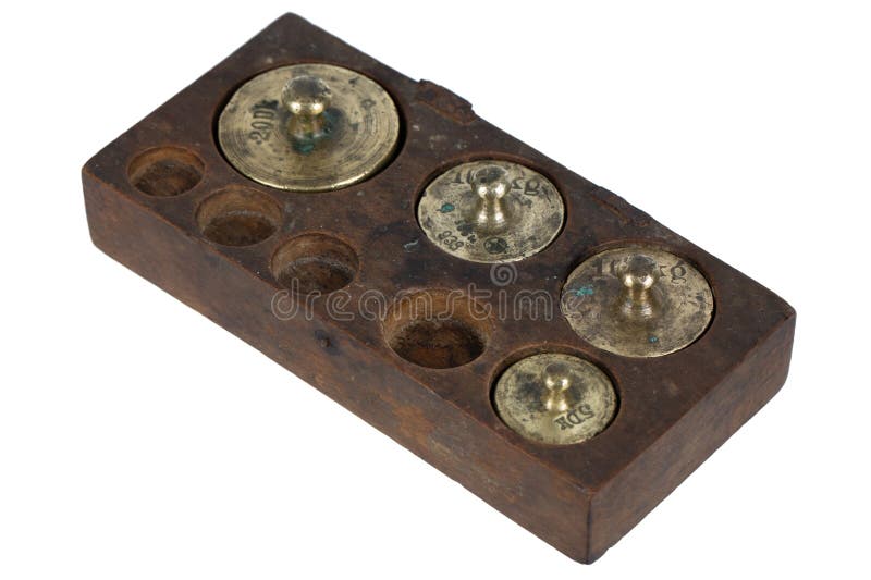 Vintage Wooden Box with Scale Weights Set on White Stock Image - Image ...