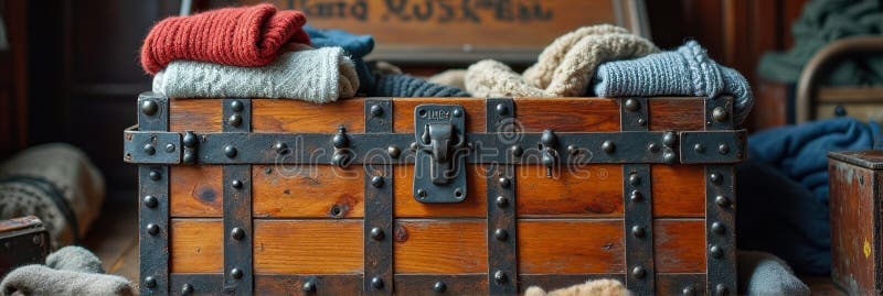 Vintage Wooden Chest with Woolen Clothes in Rustic Setting Stock Photo ...