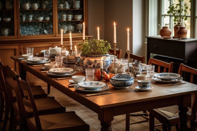 A Vintage Wooden Dining Table Set with Porcelain Dinnerware Stock Image ...
