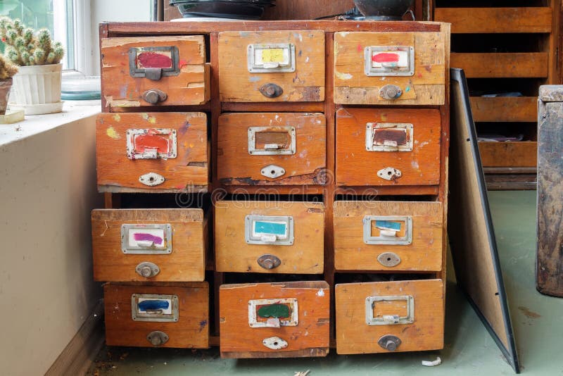 Vintage Wooden Drawers with Colorful Empty Tags Stock Photo - Image of ...