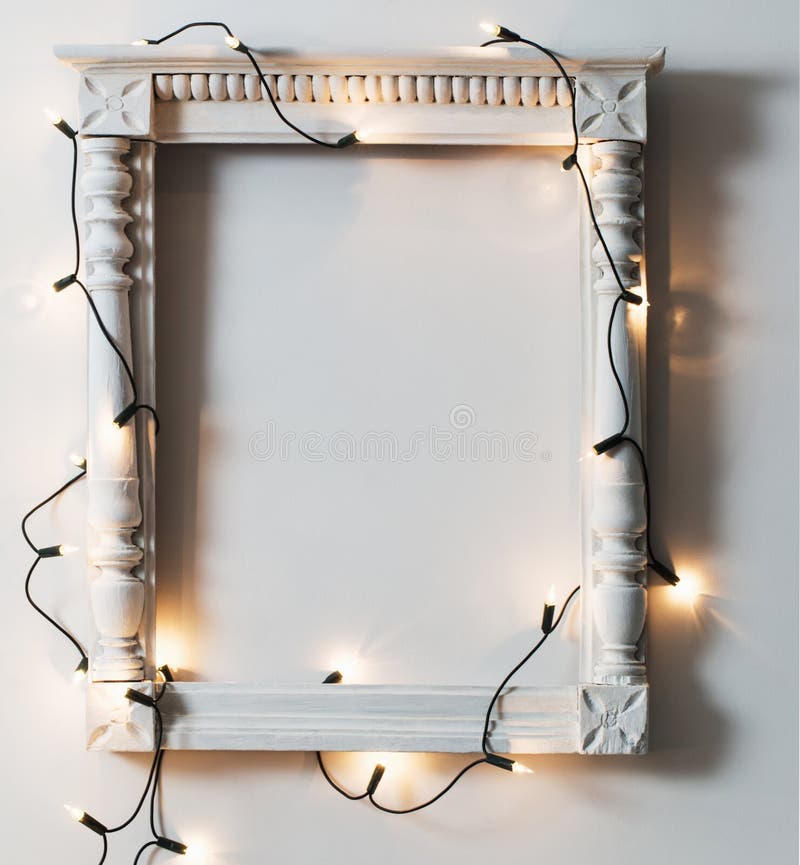 Vintage Wooden Frame with Light Garland Stock Image - Image of shabby ...