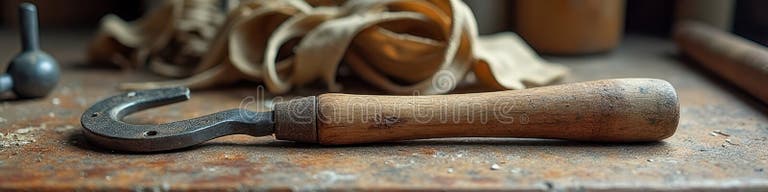 Vintage Wooden Handled Hook Tool on Rustic Workbench Stock Photo ...